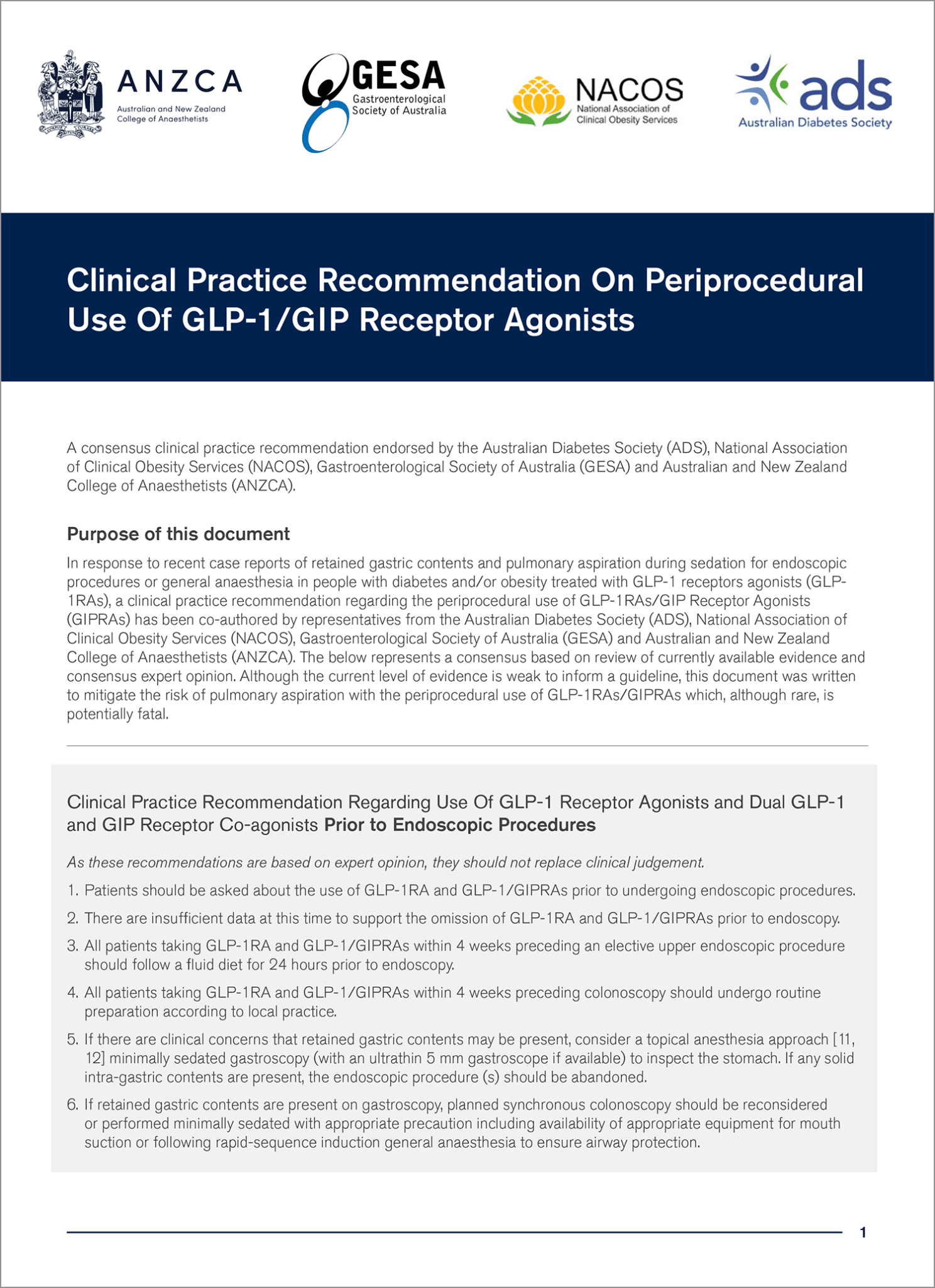Clinical Practice Recommendation On Periprocedural Use Of GLP-1/GIP ...